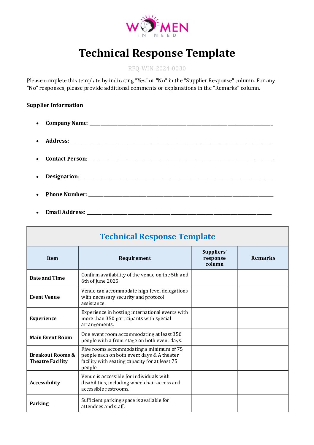 Technical Response Template | Women In Need